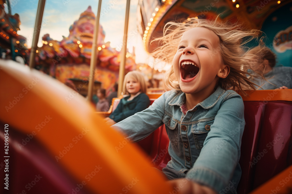 Poster A happy excited young child riding on an exciting theme park ...