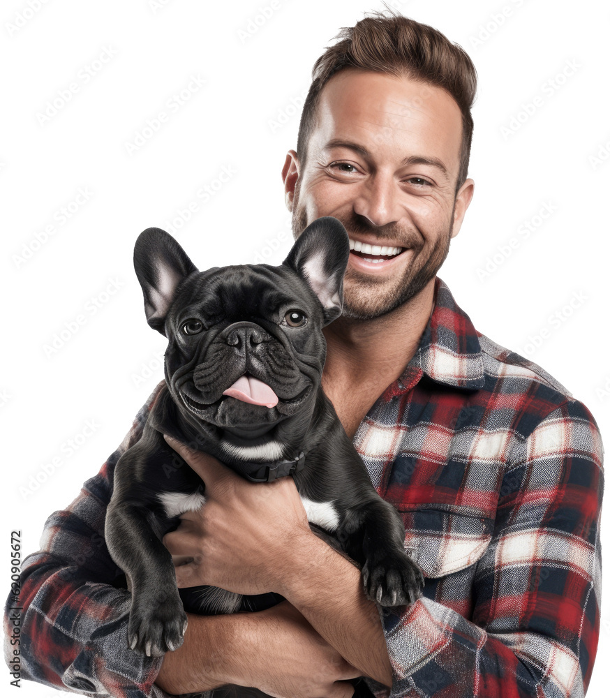 Smiling brunette man with french bulldog dog isolated on white ...