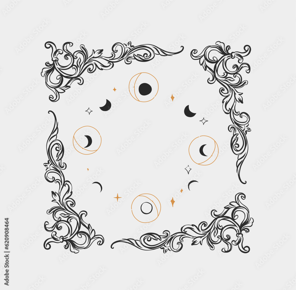 Hand drawn vector abstract outline,graphic,line art magic moon phases ...
