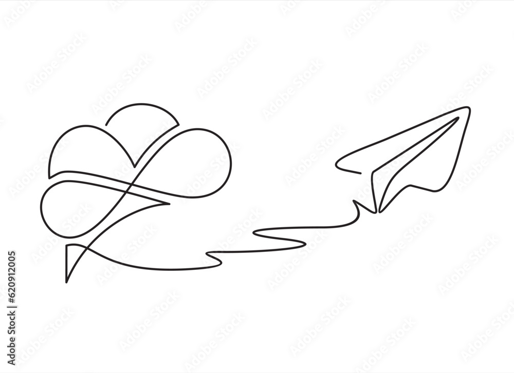 Brain and airplane isolated on white background. Continuous line ...