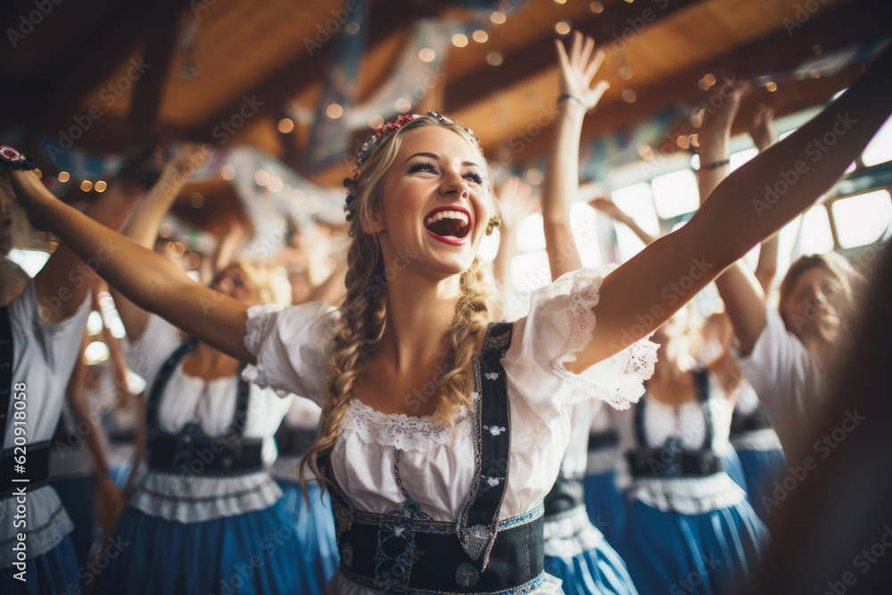 Oktoberfest waitress having fun and dancing at a beer festival event ...