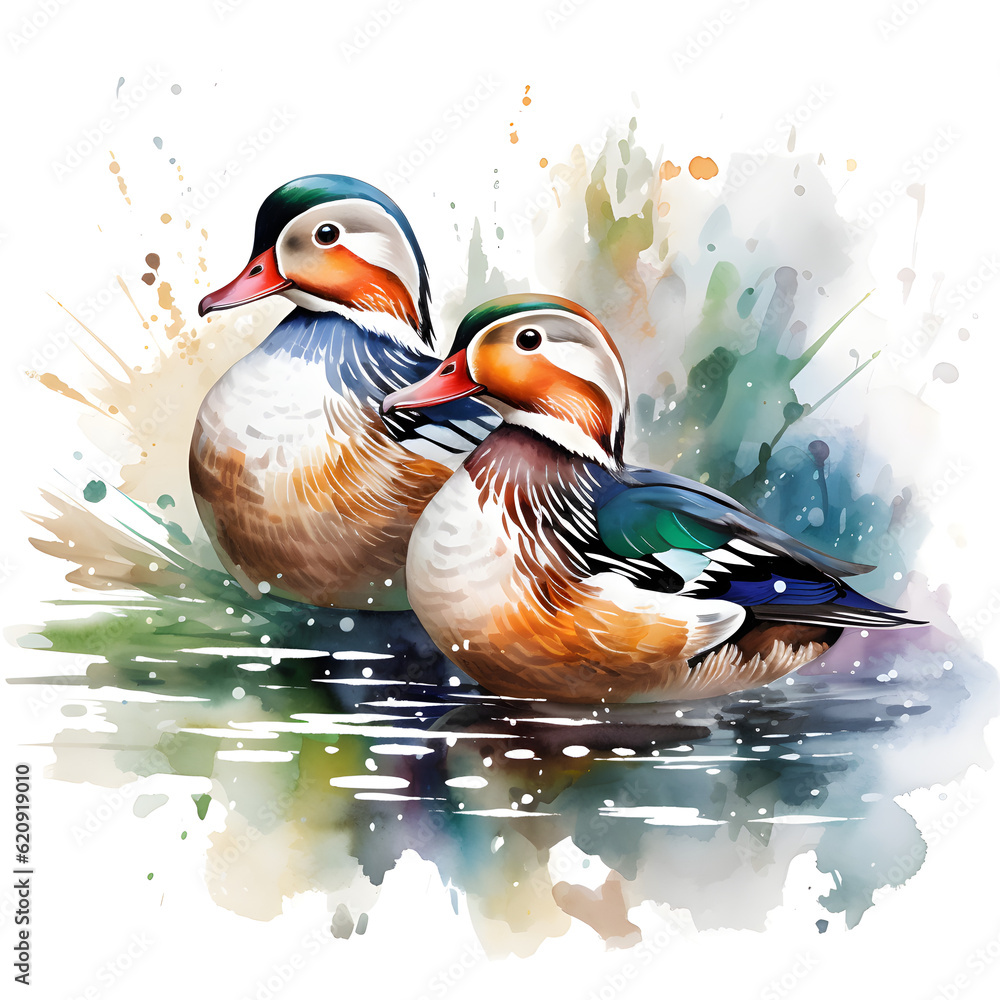 Abstract watercolor painting of a beautiful couple mandarin ducks. A ...