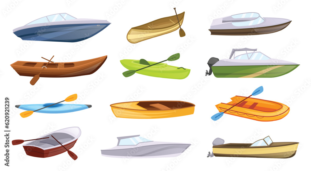 Cartoon boat types. Marine boats with paddles, color canoes and ...