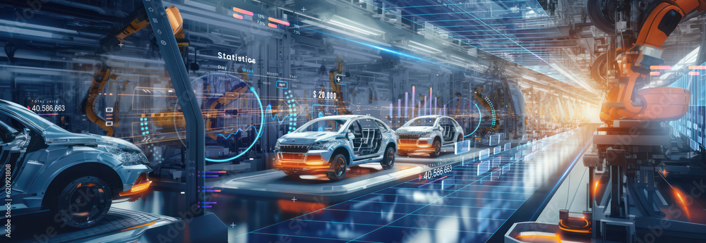 Automated robotics futuristic electric cars factory production line as ...
