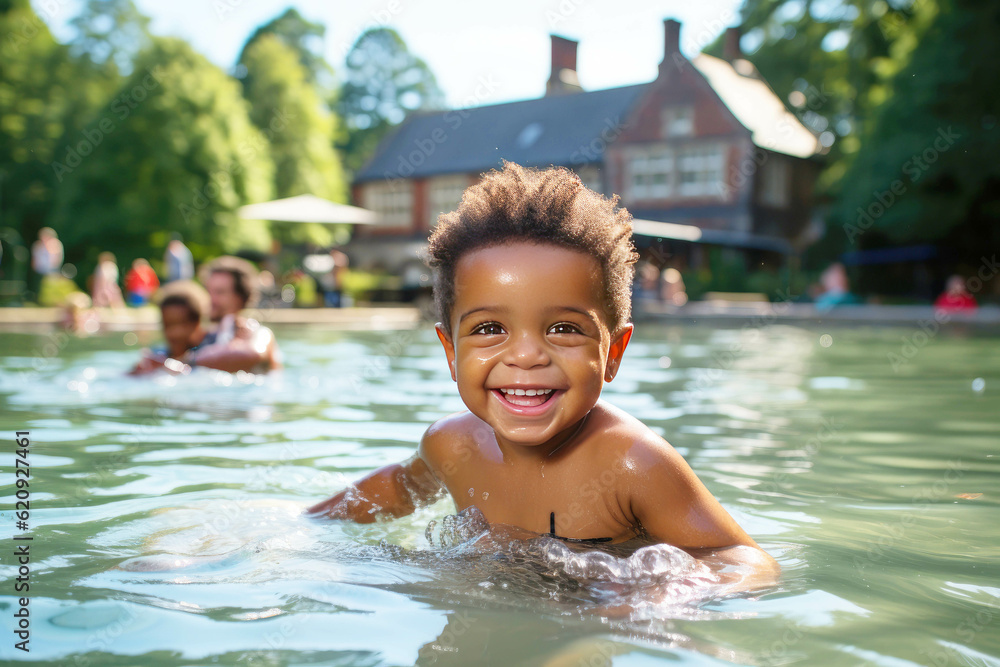 Portrait of a black little boy swimming in a swimming pool Stock ...