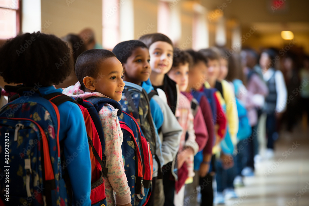 Classmates friends, backpacks slung over their shoulders, lining up to ...