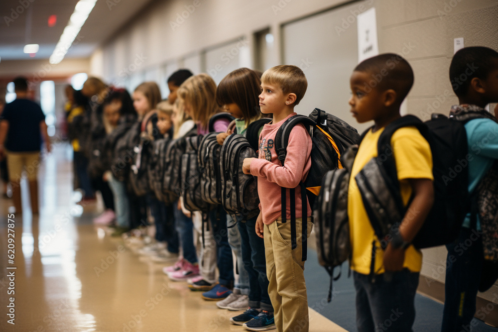 Classmates friends, backpacks slung over their shoulders, lining up to ...