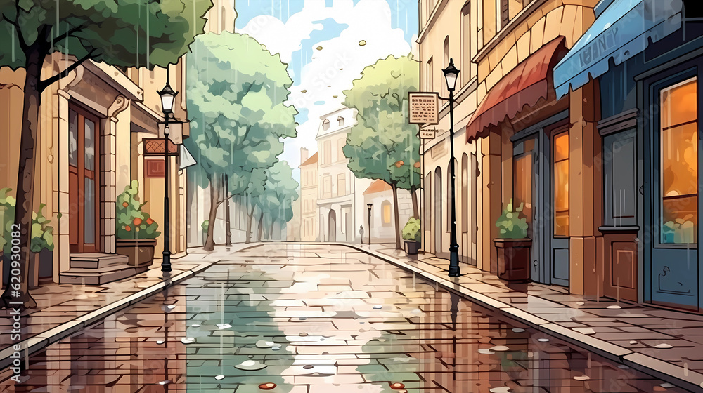 hand drawn cartoon street illustration in the rain Stock Illustration ...