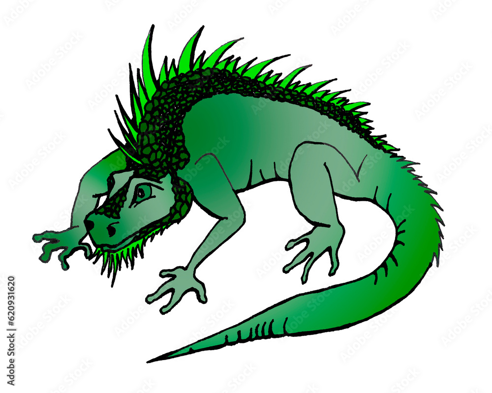 Isolated digital image of a lizard-like dragon in an emerald gradient ...