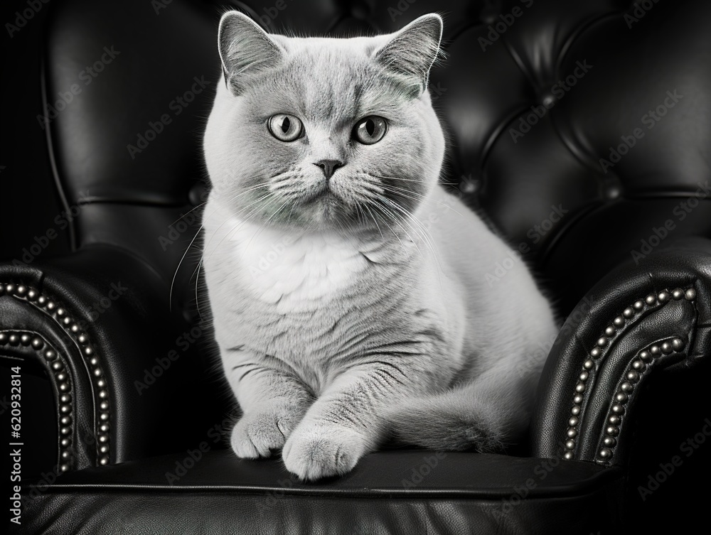 Black and white photo of a British Shorthair Cat sitting on a chair ...