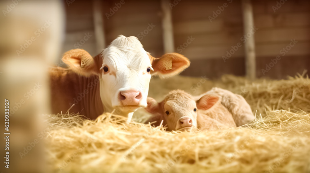Newborn calf and mother cow lying down inside cattle farm. Newborn ...
