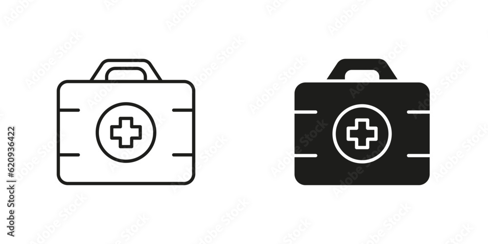 Vektorová grafika „First Aid Kit Line and Silhouette Black Icon Set ...