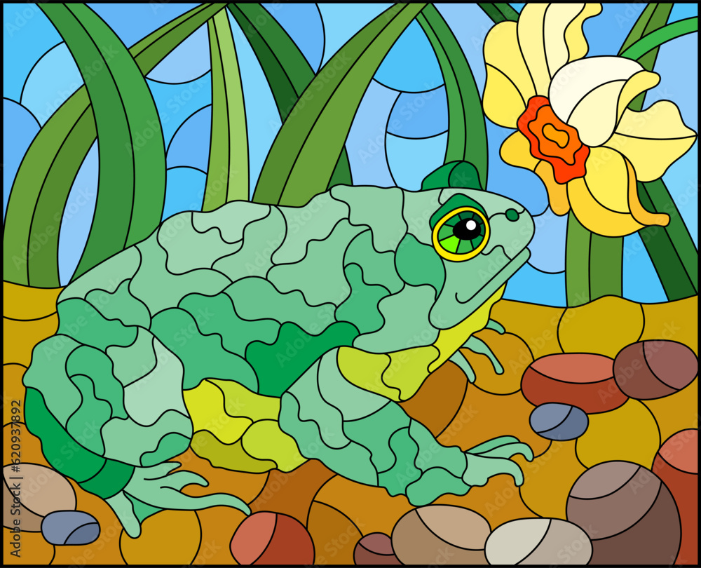 An illustration in the style of a stained glass window with a toad on a ...