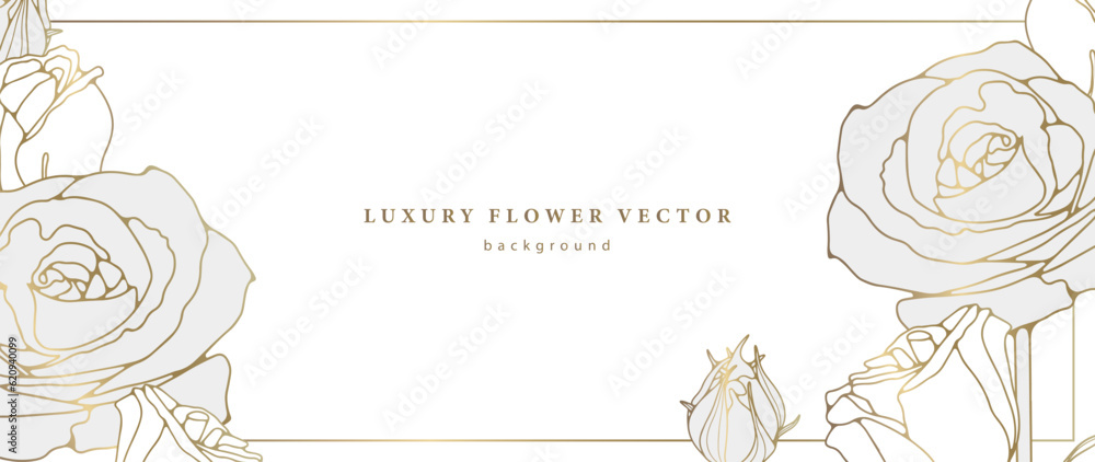 Minimalistic white card with golden roses and buds. Floral background ...