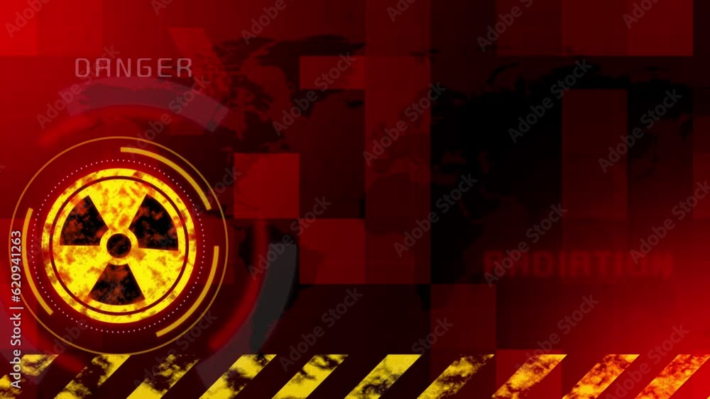 Nuclear radiation hazard warning icon. Animated looped red background ...