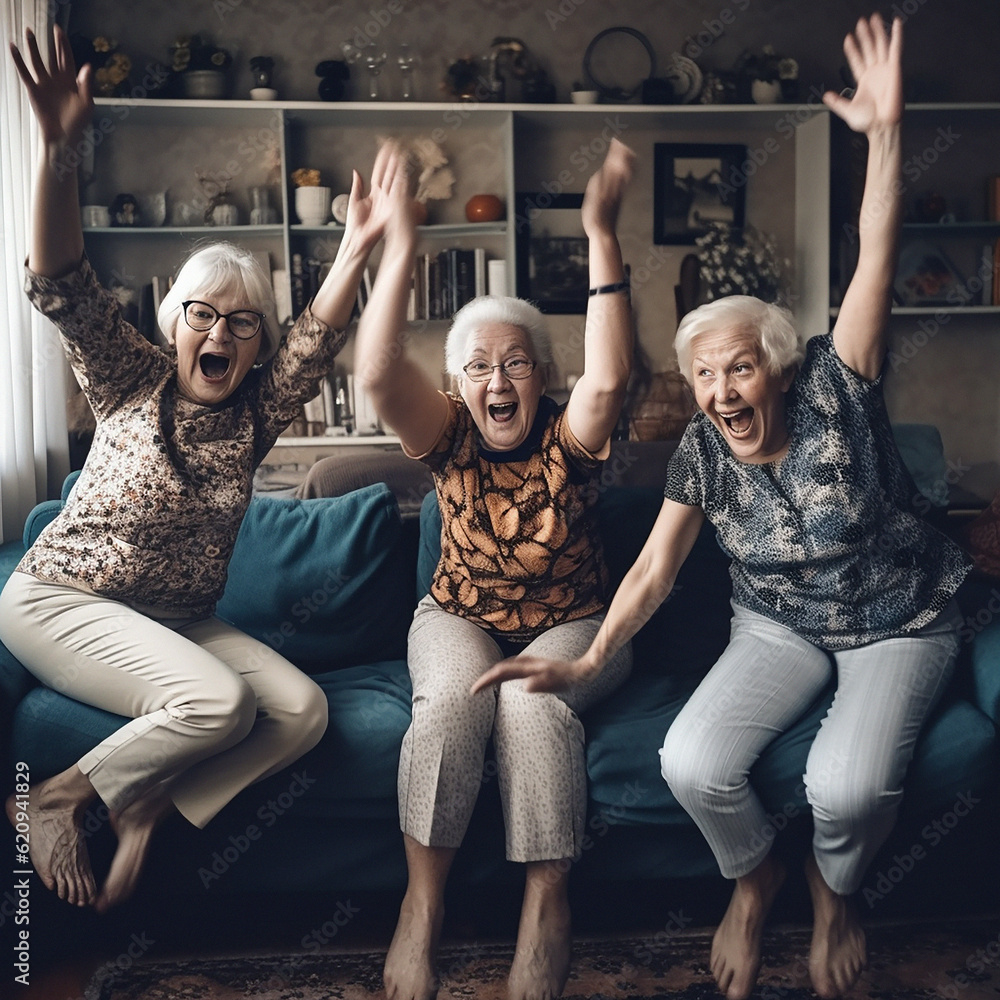 Happy, watching tv or excited senior women, friends or old people shout ...