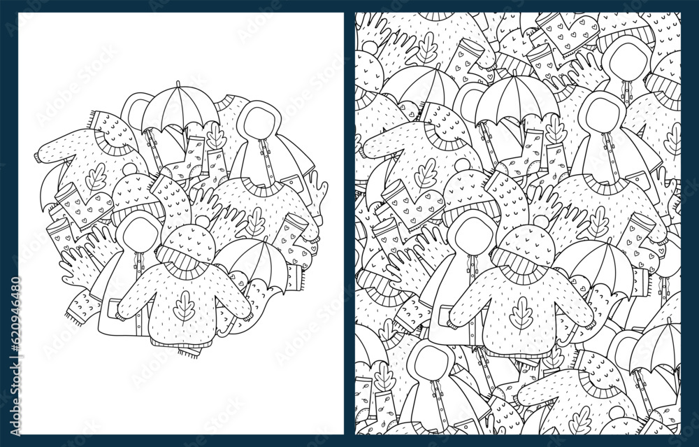 Cozy autumn clothes coloring pages set in US Letter format. Doodle warm ...