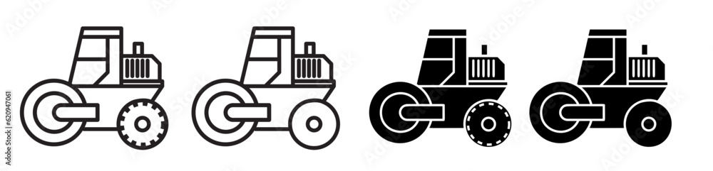 Road steamroller icon set. Road construction steam roll drawing vector ...