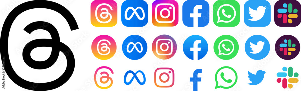 Threads Social media icons. Meta, Instagram, Facebook, WhatsApp ...