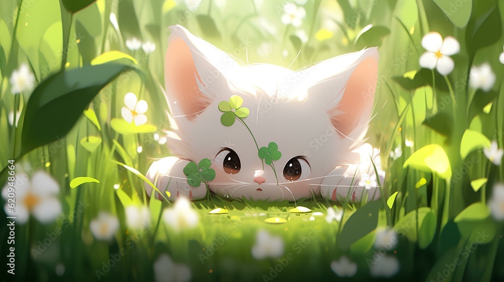 anime style super cute white baby cat hiding in four - leaf clover ...