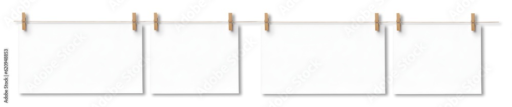 White blank empty paper sheet attached with wooden wood pegs on string ...