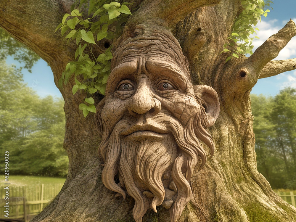 magical living huge tree with the face of an elderly person or a gnome ...