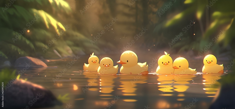 anime style a few super cute little yellow ducks hiding in forest lake ...