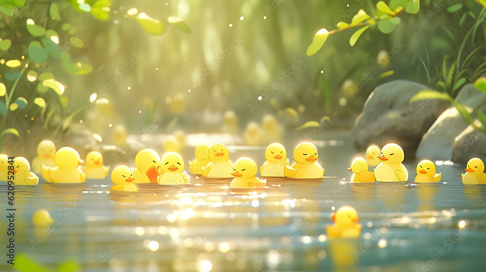 anime style a few super cute little yellow ducks hiding in forest lake ...