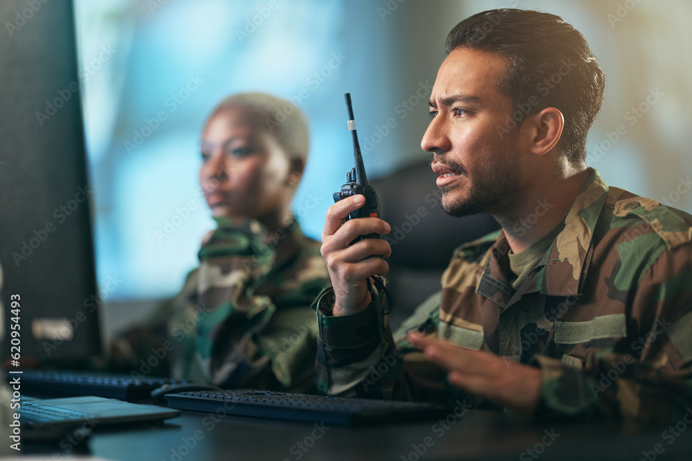 Walkie talkie, communication and military team at the station with ...