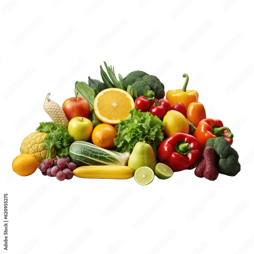 Assorted fruits and vegetables isolated on transparent background Stock ...