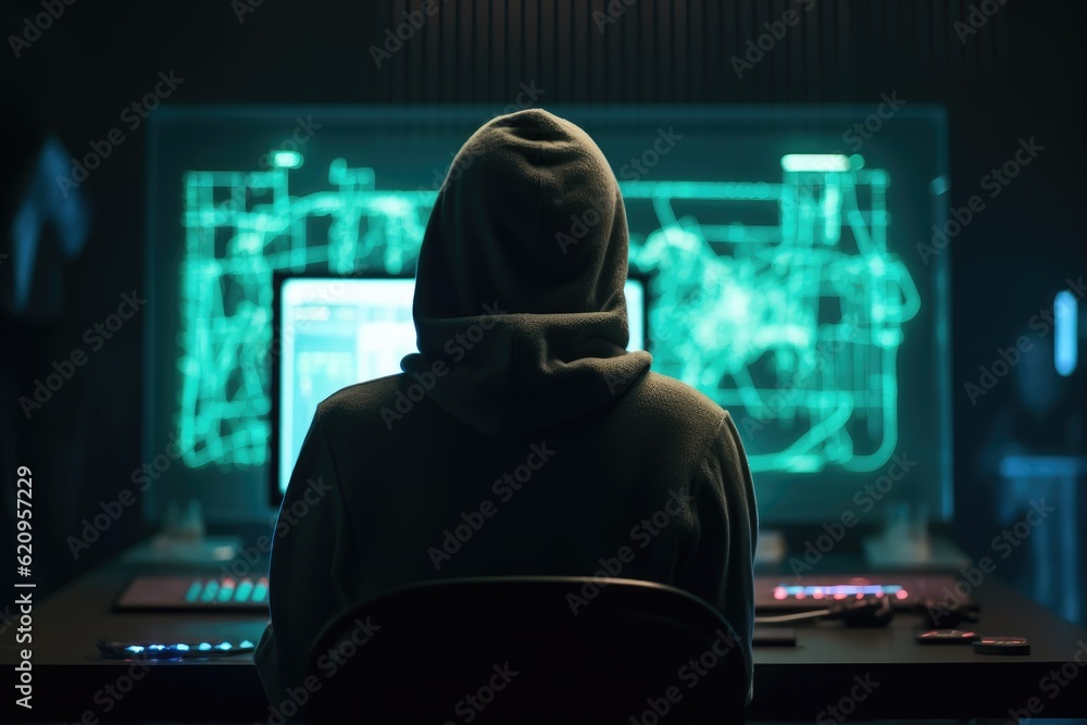 Back view of hacker wearing a hoodie sitting at their desk break into a secure network with ...
