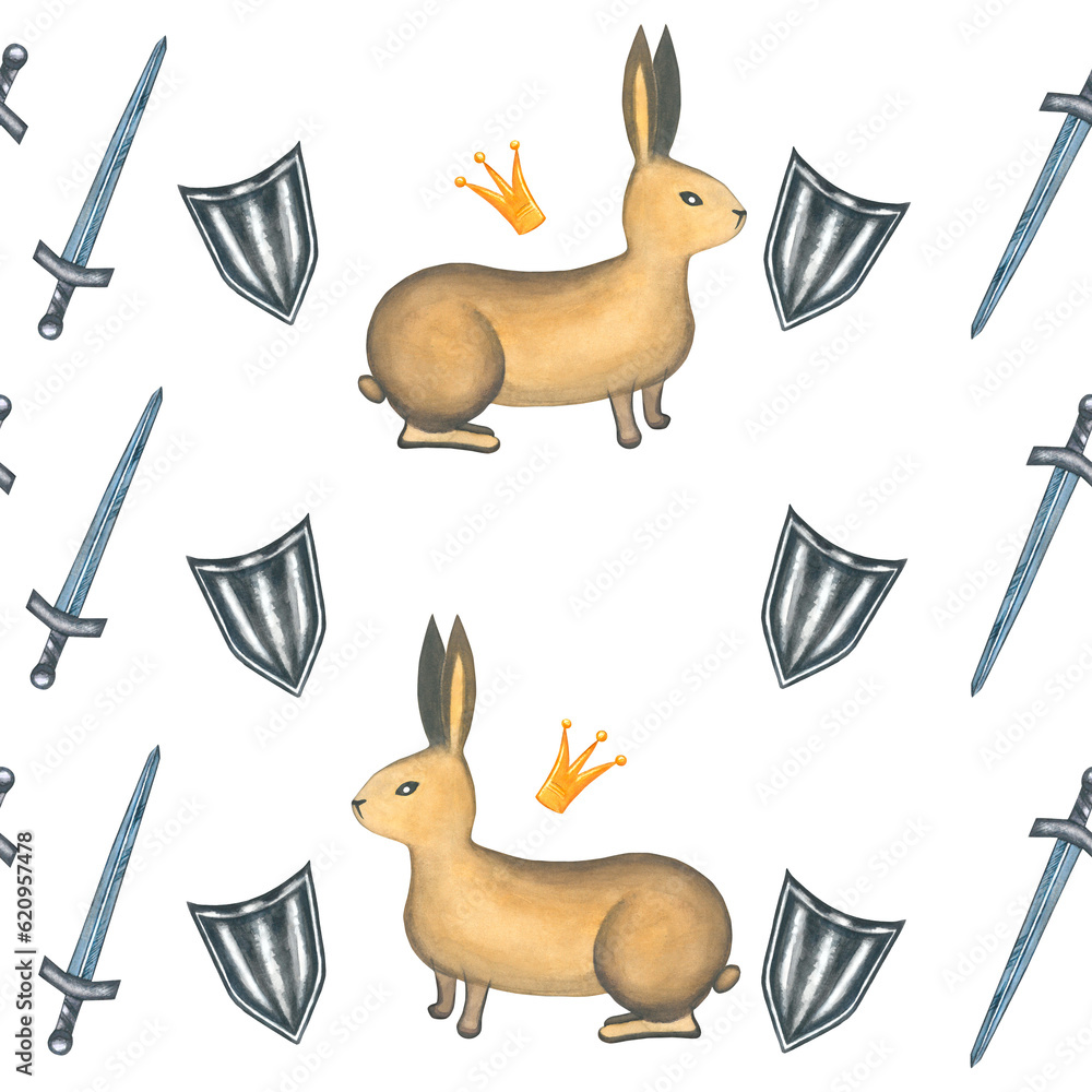Watercolor illustrations rabbits and crown, swords, shields in medieval ...