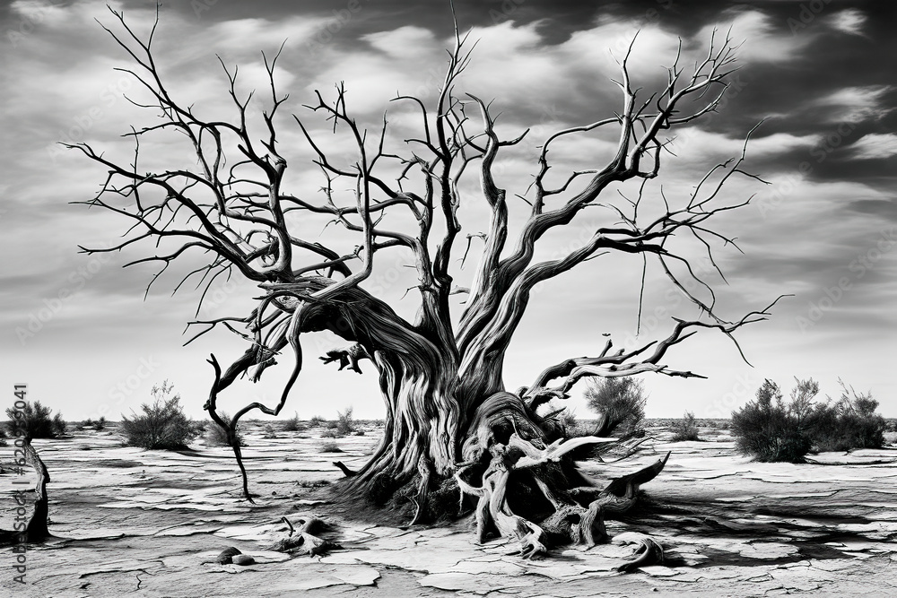 Monochrome high contrast black and white image of an old withered tree in a desert landscape ...
