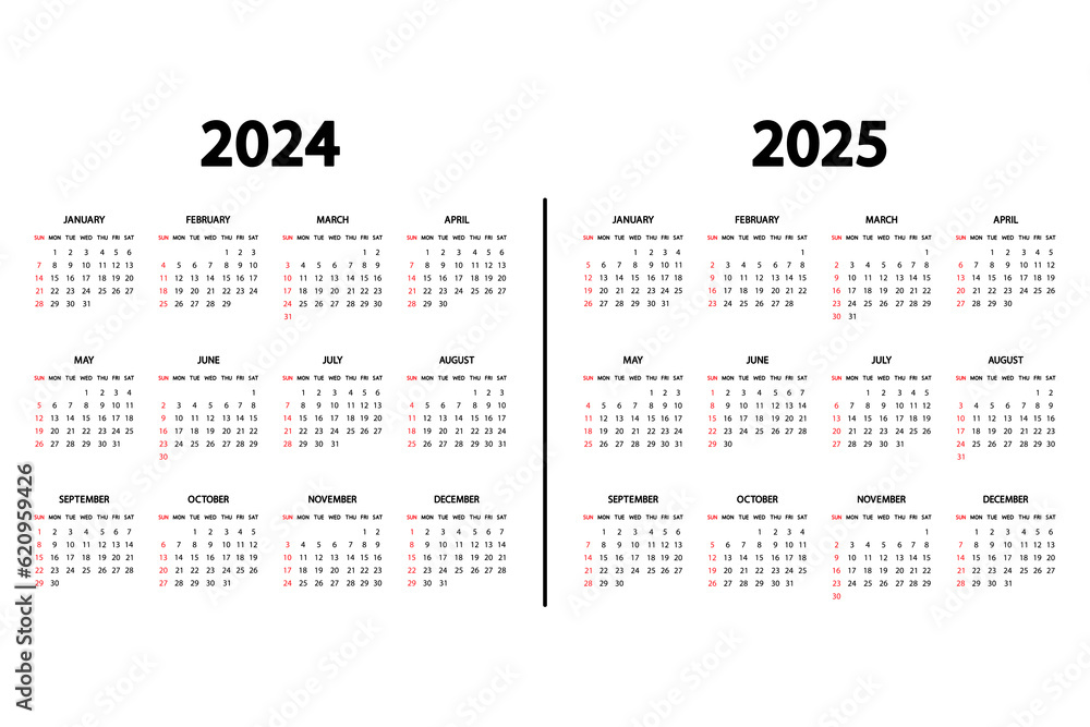 Calendar English 2024 and 2025 years. The week starts Sunday. Annual ...