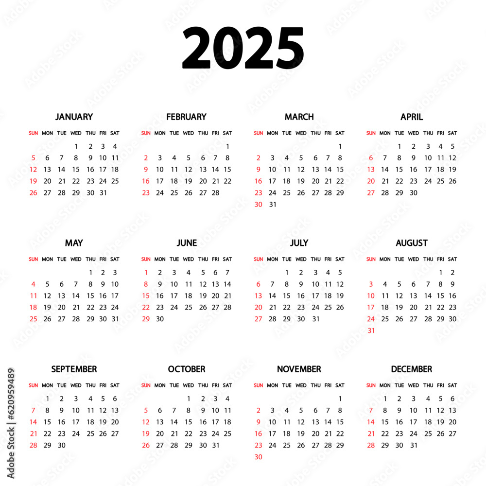 Calendar 2025 year. The week starts Sunday. Annual calendar 2025 ...
