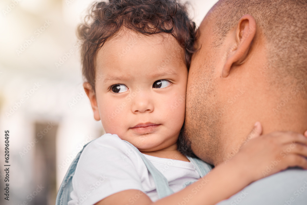 Love, dad and child hug, family bonding with support and trust in ...