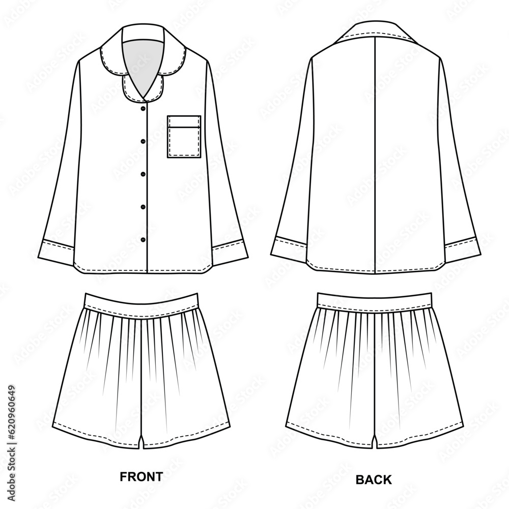 Outline linen style suit template of shorts and loose fit shirt, front ...