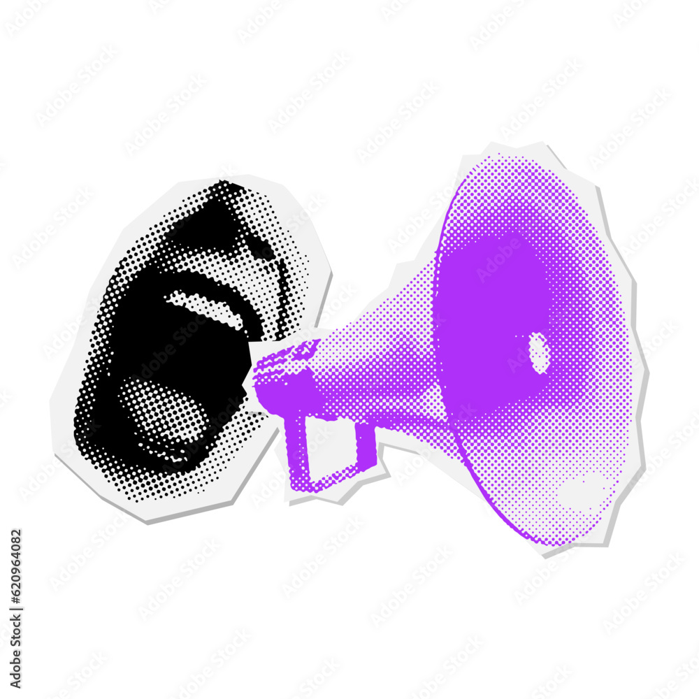 Halftone Loudspeaker and open mouth paper collage element. Megaphone ...