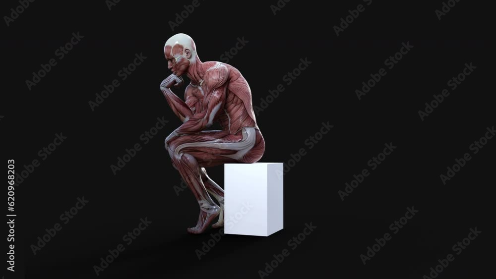 3d Illustration of male figures pose with skin and muscle map on dark ...