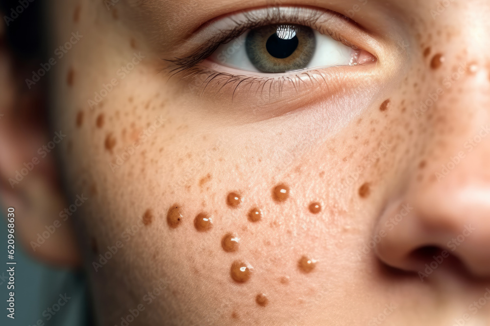 Infectious or viral skin disease, red pimples, blisters, rash and ...