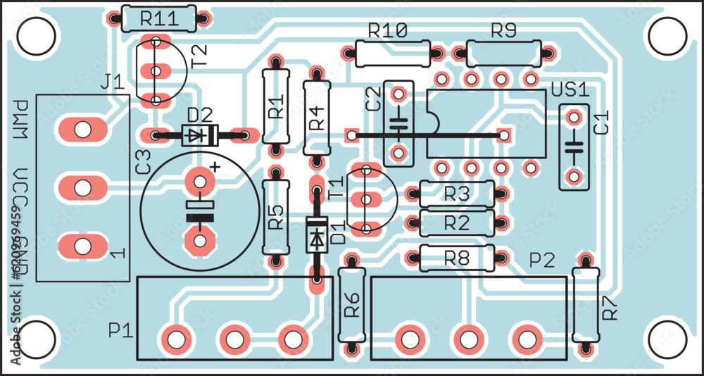 Vector printed circuit board of an electronic device with components of ...