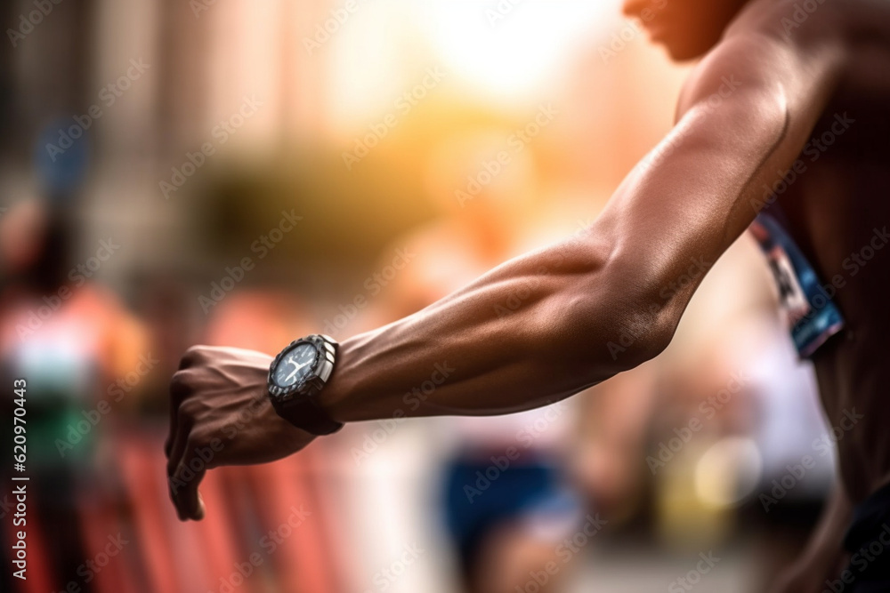 A close-up shot of an athlete's arms and torso as they cross the finish ...