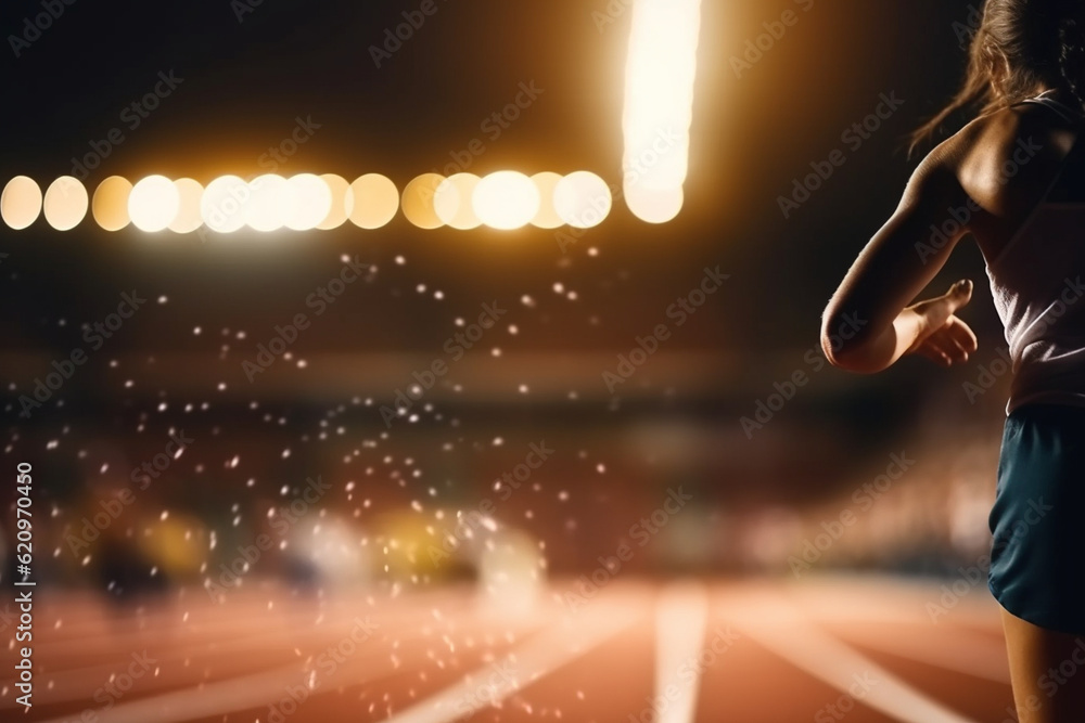An athlete crossing the finish line from behind, with a blurred bokeh ...