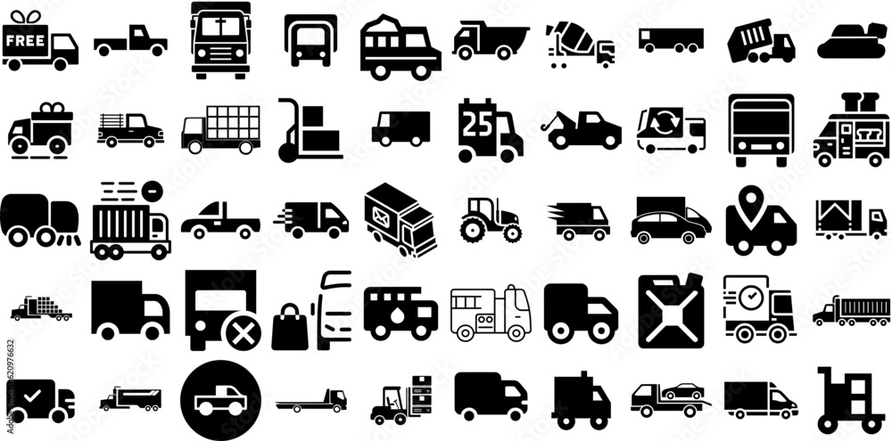 Huge Collection Of Truck Icons Set Hand-Drawn Solid Design Pictograms ...