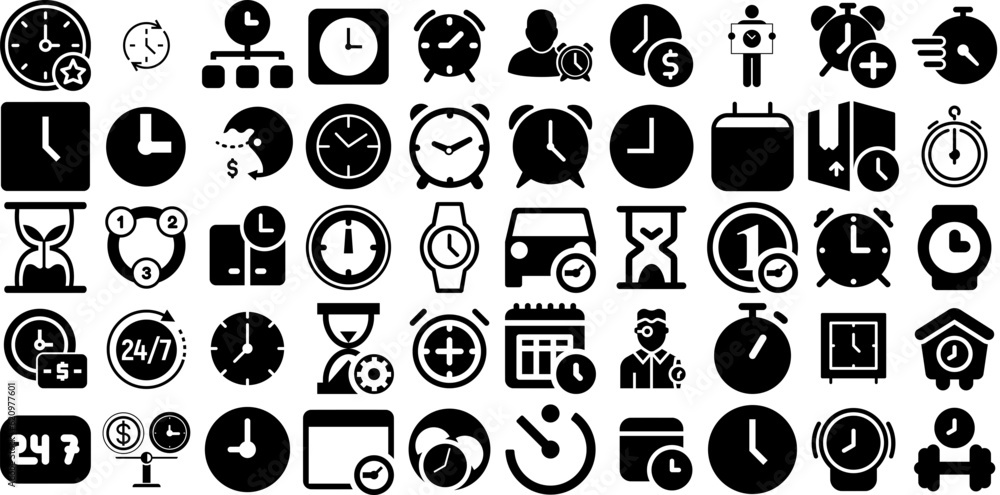 Massive Collection Of Clock Icons Collection Solid Cartoon Silhouette ...