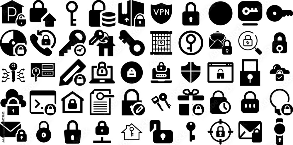 Big Set Of Lock Icons Bundle Hand-Drawn Solid Cartoon Pictograms Open ...
