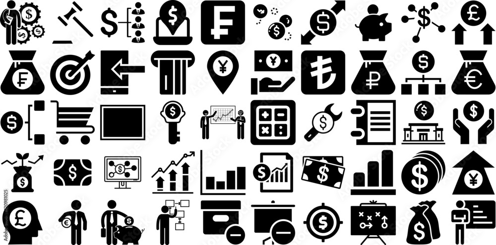 Big Set Of Financial Icons Bundle Hand-Drawn Solid Drawing Signs Coin ...