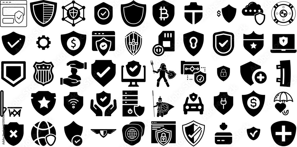 Massive Set Of Shield Icons Collection Black Design Symbols Badge, Mark ...