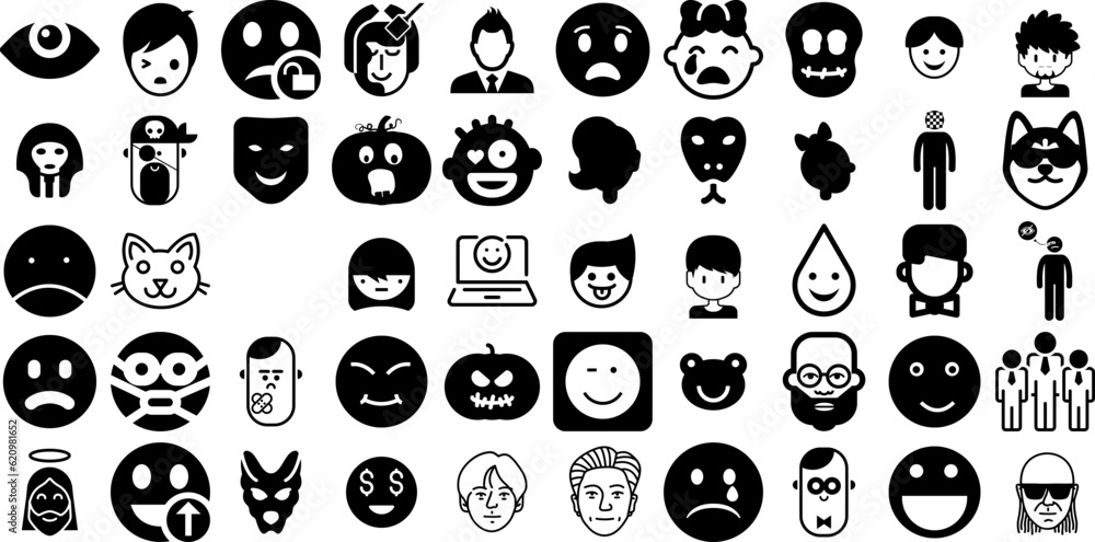 Vetor de Mega Collection Of Face Icons Collection Hand-Drawn Solid ...