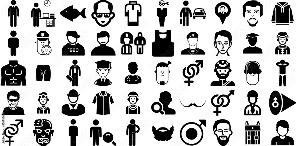 Huge Set Of Male Icons Collection Hand-Drawn Linear Cartoon Glyphs ...